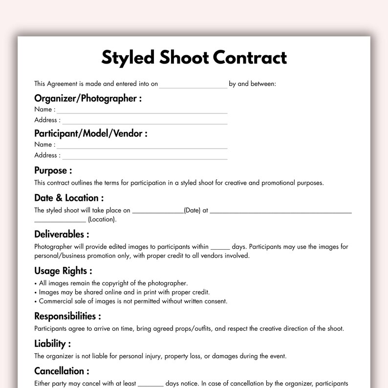 Styled Shoot Contract, Printable Photographers & Vendors Form Template ...