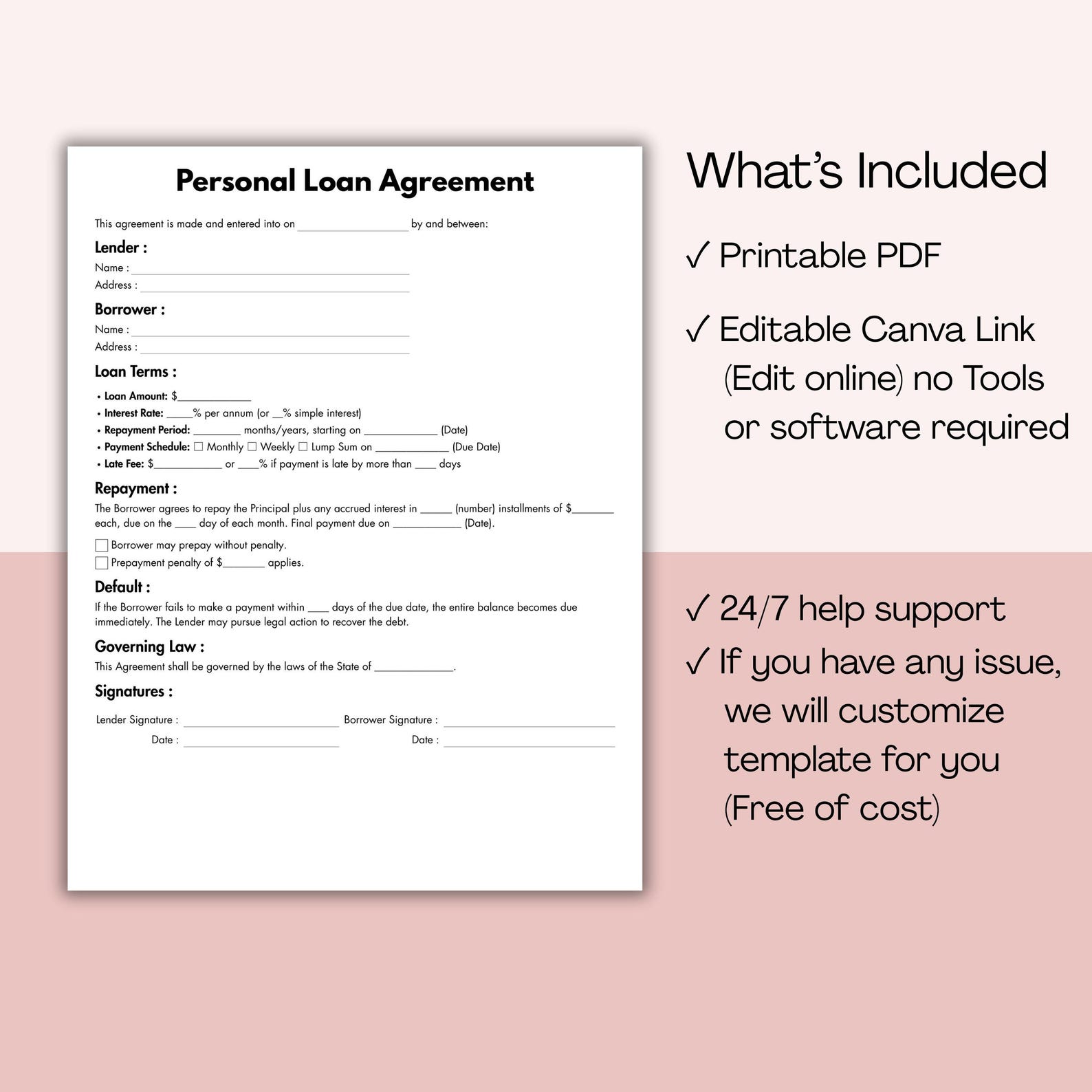 Personal Loan Agreement, Printable Promissory Note Template, Editable ...