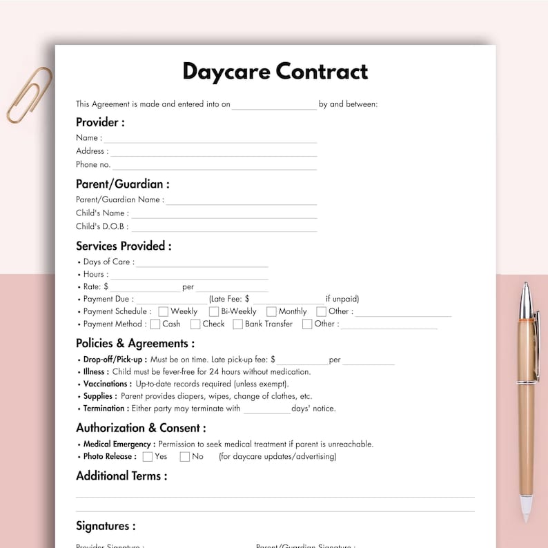 Daycare Contract, Printable Daycare Form Template, Editable Daycare ...