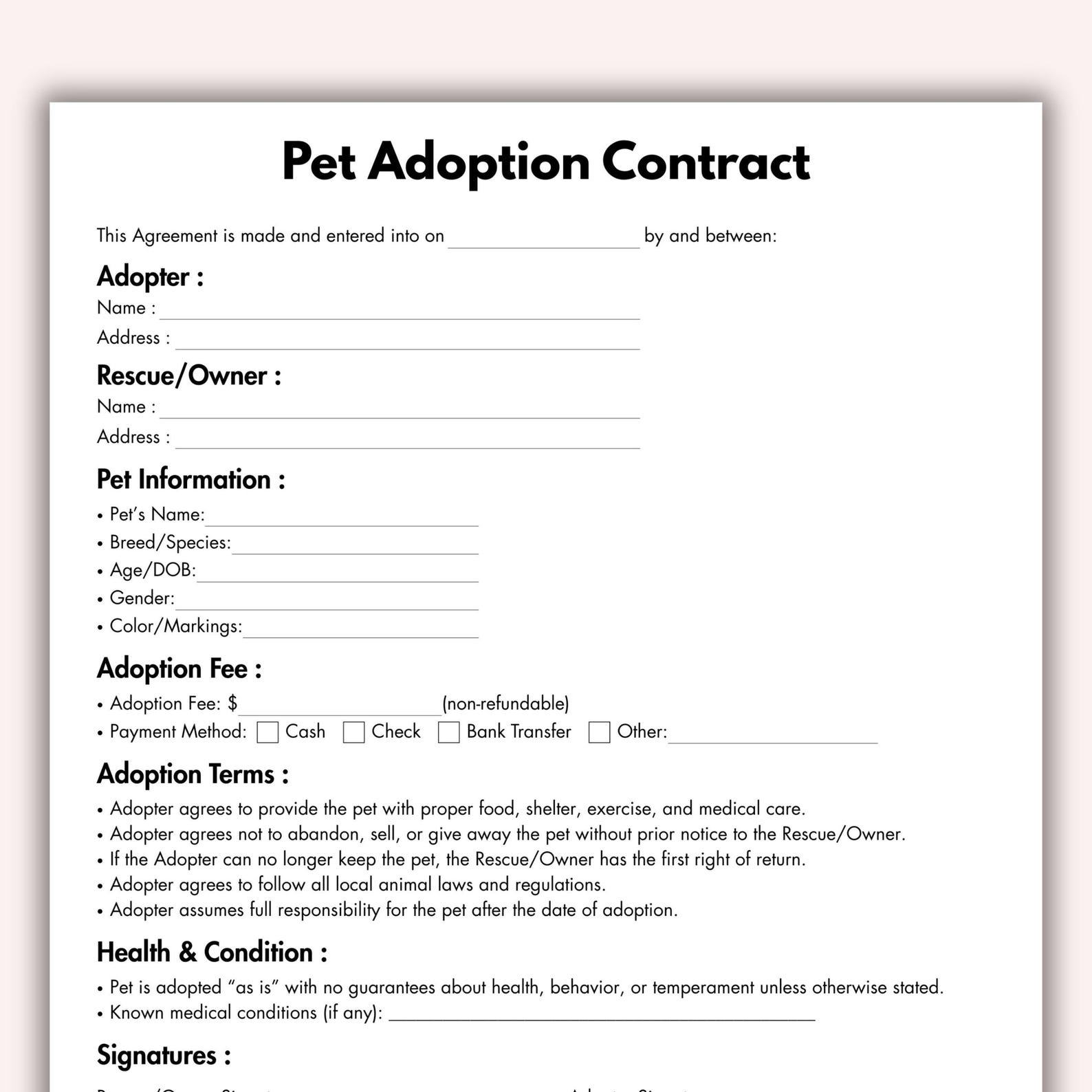 Pet Adoption Contract, Printable Pet Agreement Form Template, Editable ...