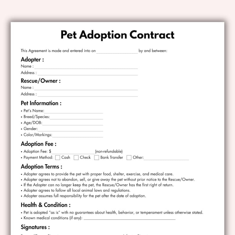 Pet Adoption Contract, Printable Pet Agreement Form Template, Editable ...