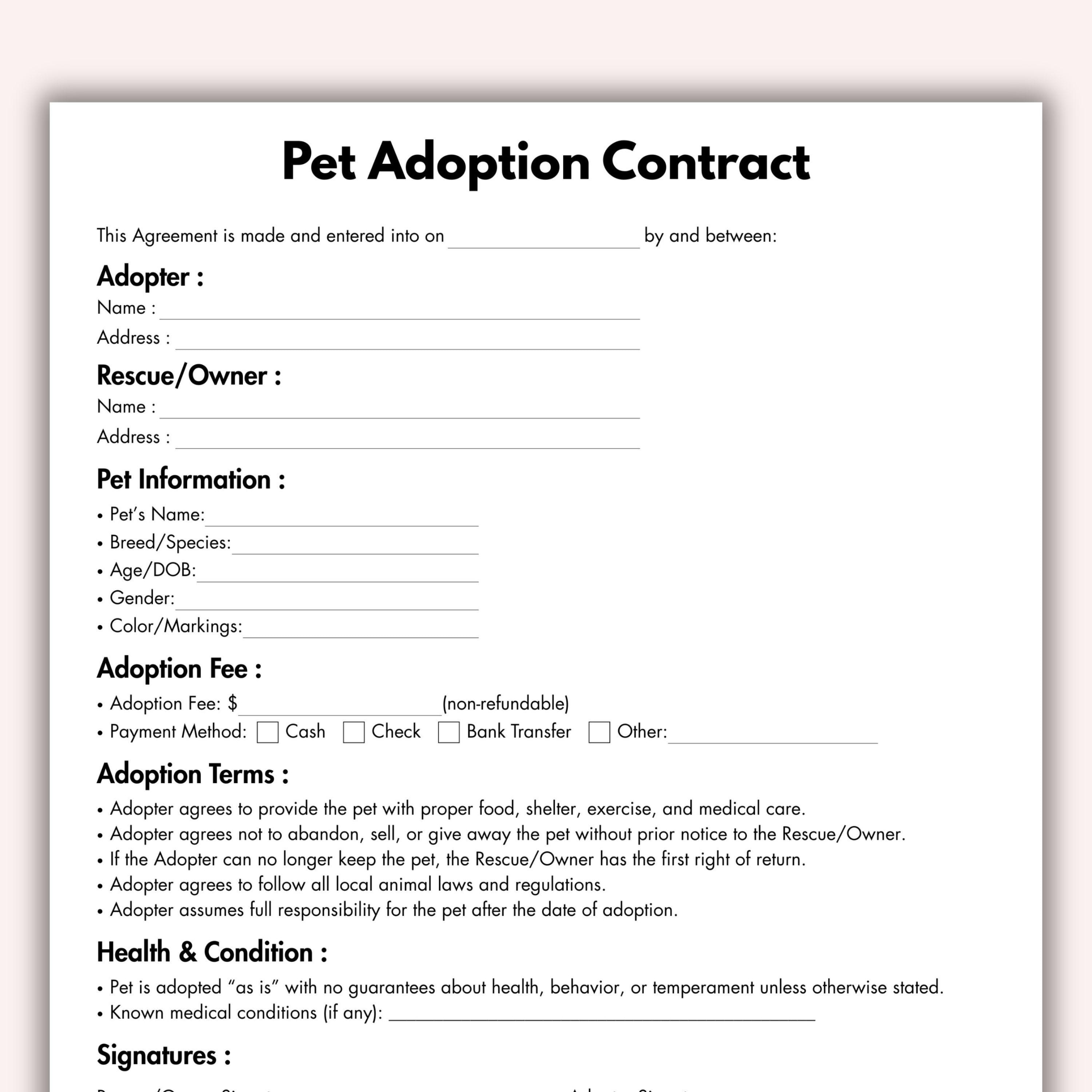 Pet Adoption Contract, Printable Pet Agreement Form Template, Editable ...