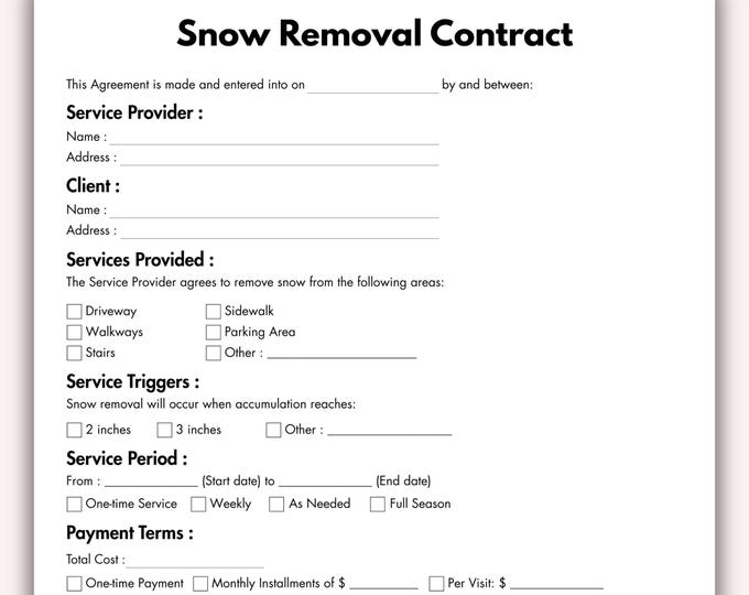 Simple Snow Removal Contract, One Page Residential Snow Plowing ...