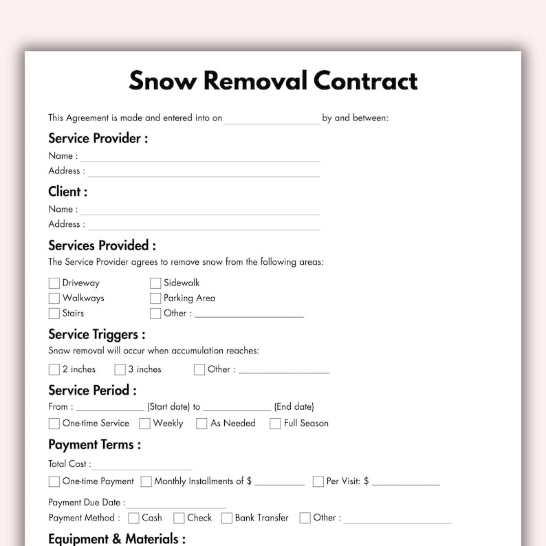 Snow Removal Contract, Printable Residential Snow Plowing Form Template ...