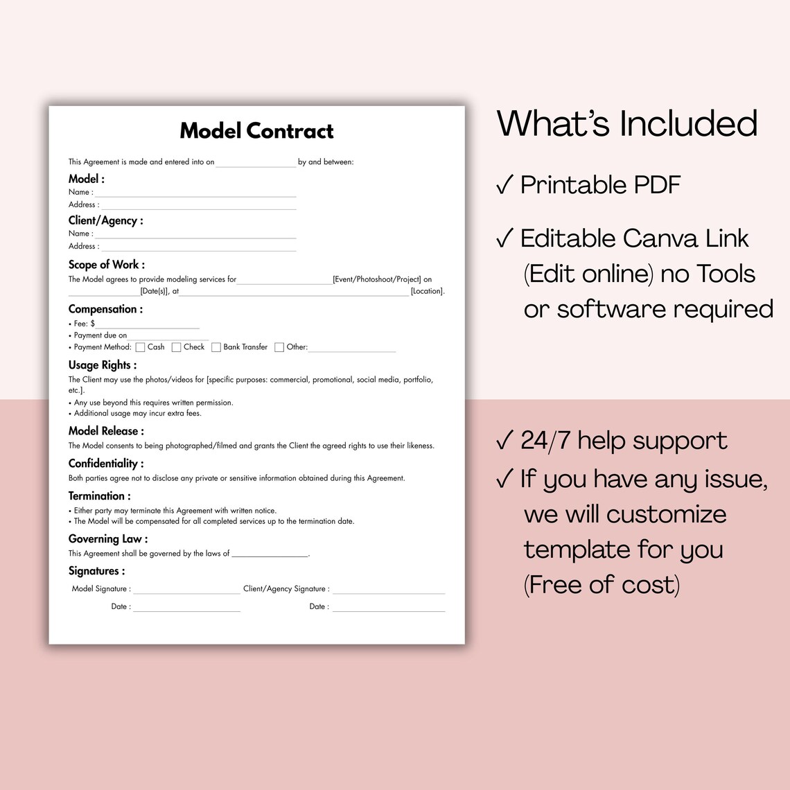 Model Contract, Printable Modeling Services Form Template, Editable ...