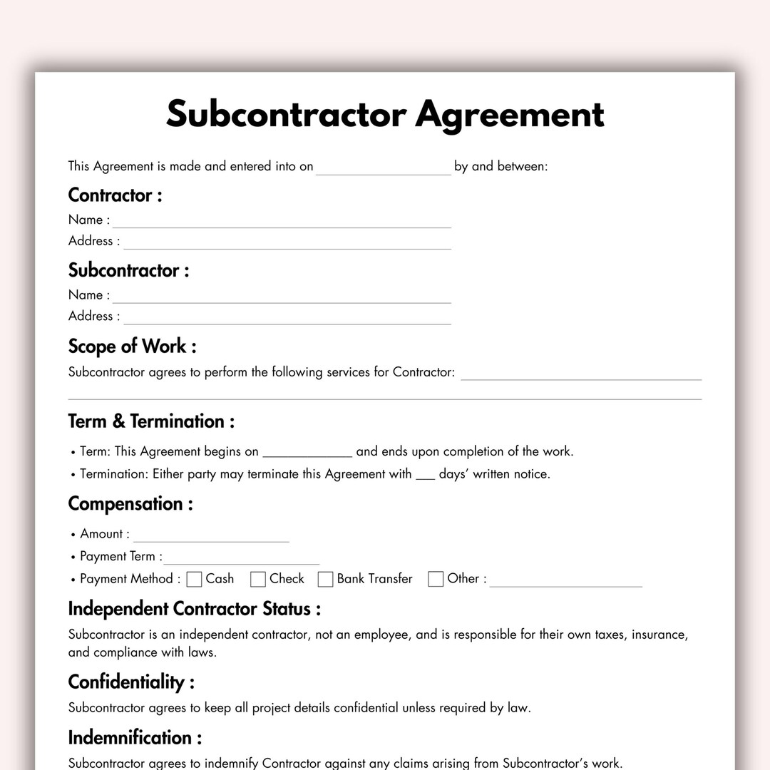 Subcontractor Agreement, Printable Job Subcontractor Form Template ...