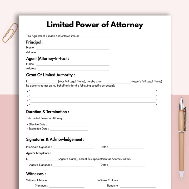 Limited Power of Attorney, Printable Standard POA Form Template ...