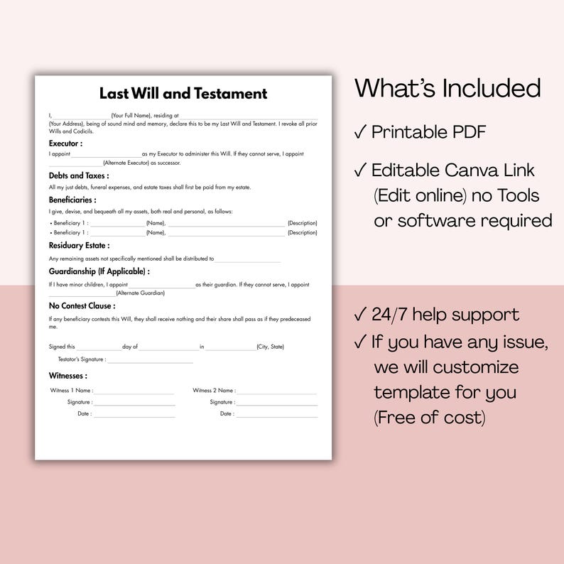 Last Will and Testament, Printable Testament Form Template, Editable ...