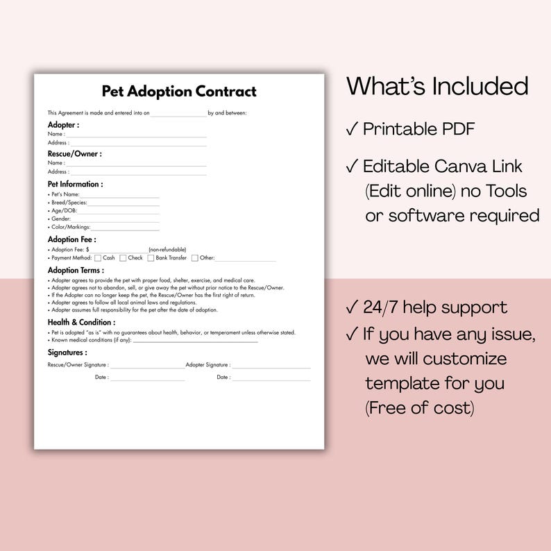 Pet Adoption Contract, Printable Pet Agreement Form Template, Editable ...