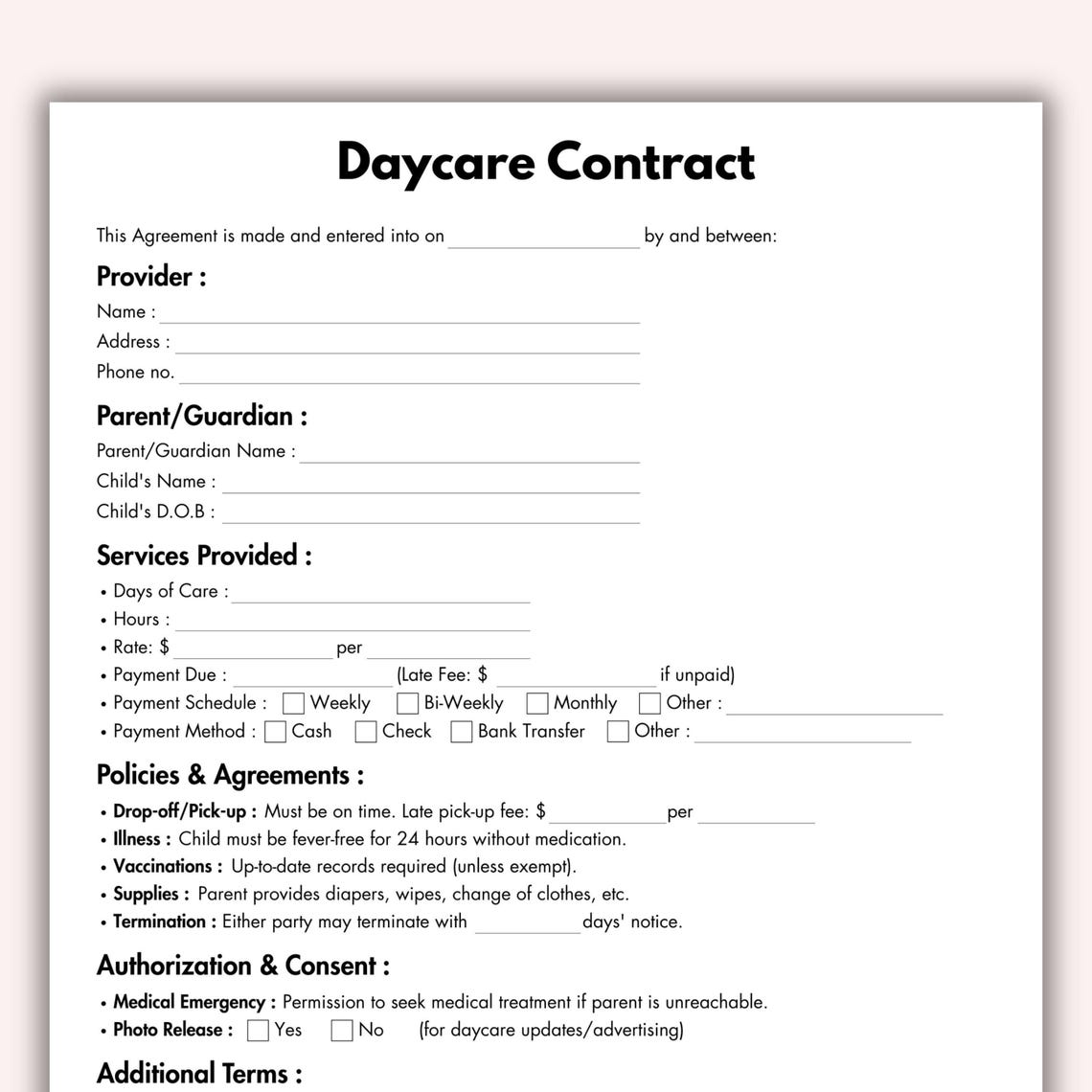 Daycare Contract, Printable Daycare Form Template, Editable Daycare ...
