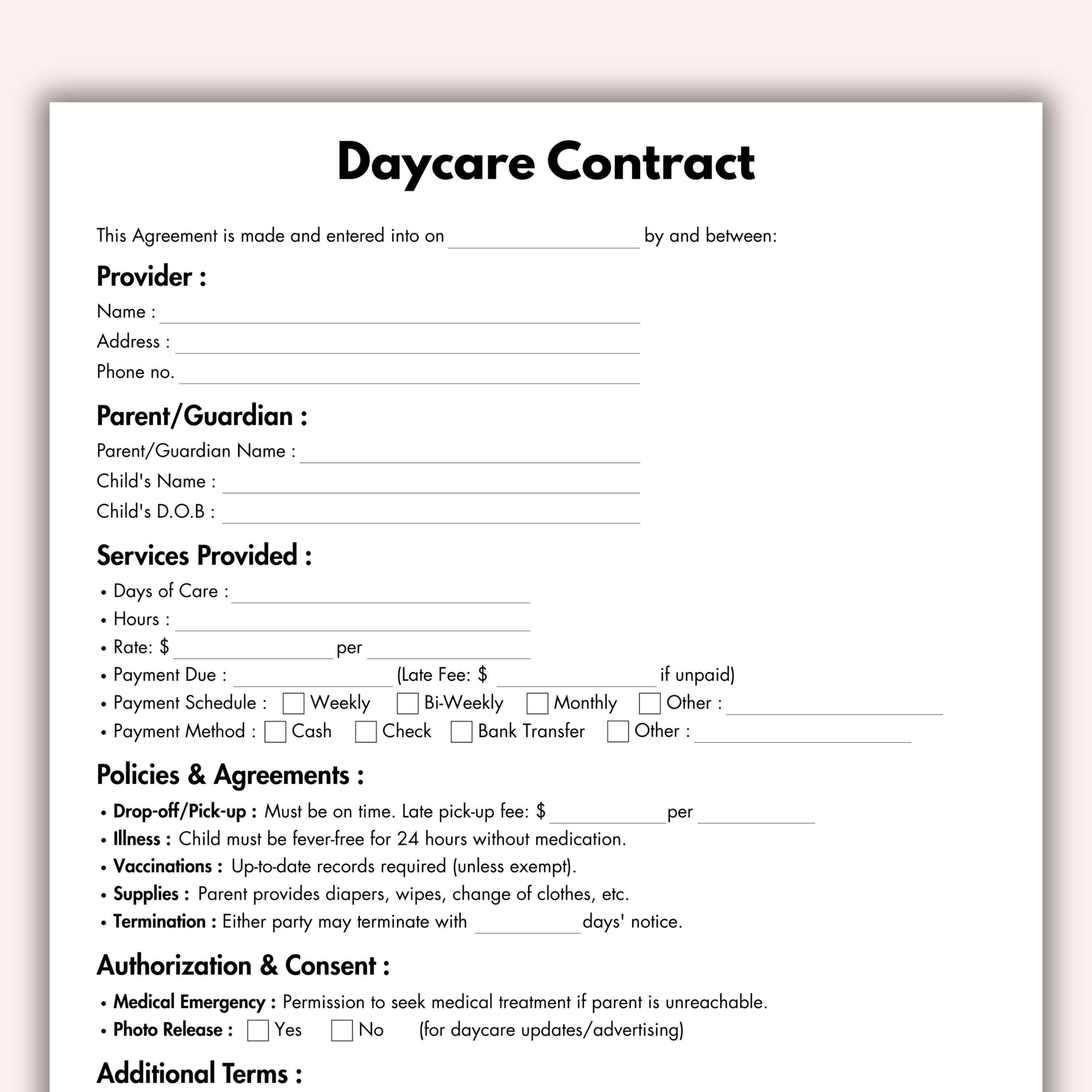 Daycare Contract, Printable Daycare Form Template, Editable Daycare ...