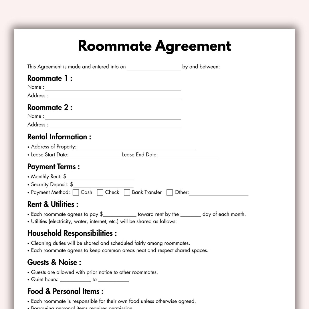 Roommate Agreement, Printable Roommate Rental Contract Form Template ...