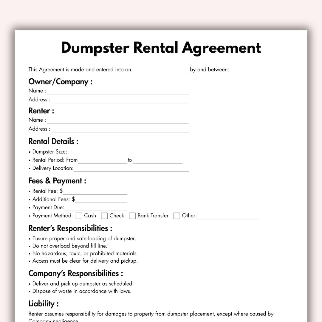 Dumpster Rental Agreement, Printable Contract for Waste Disposal ...