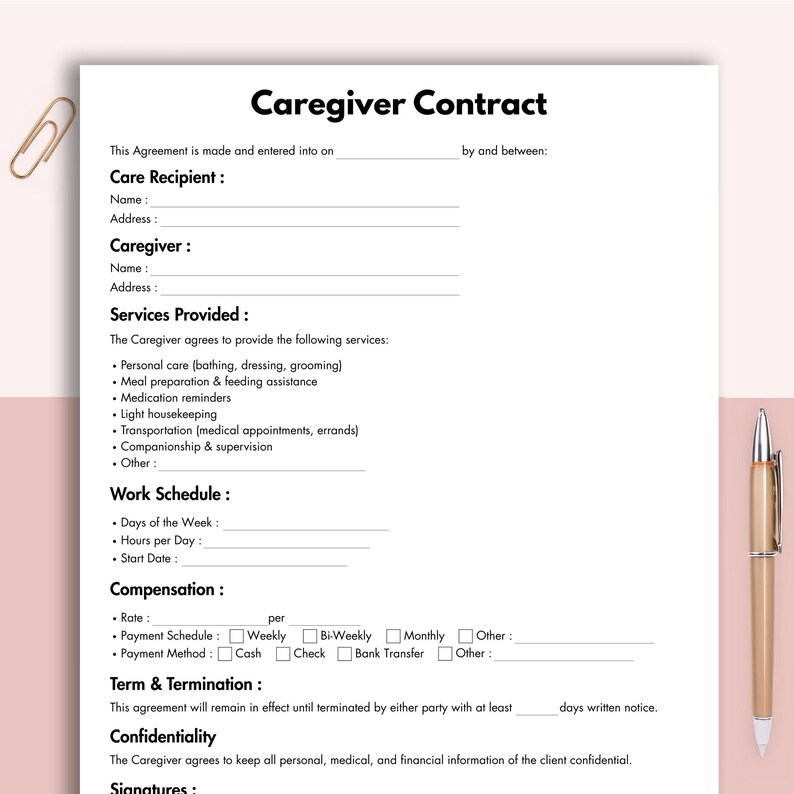 Caregiver Contract, Printable Nanny Contract Template, Editable Elder ...