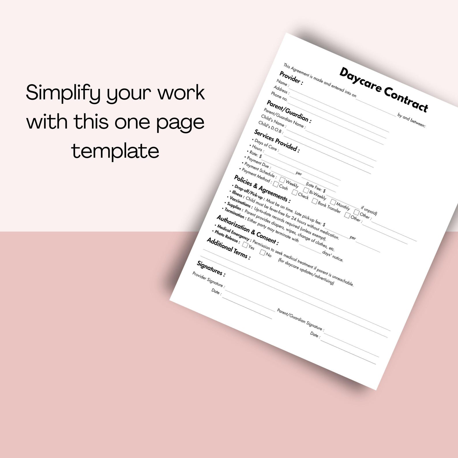 Daycare Contract, Printable Daycare Form Template, Editable Daycare ...