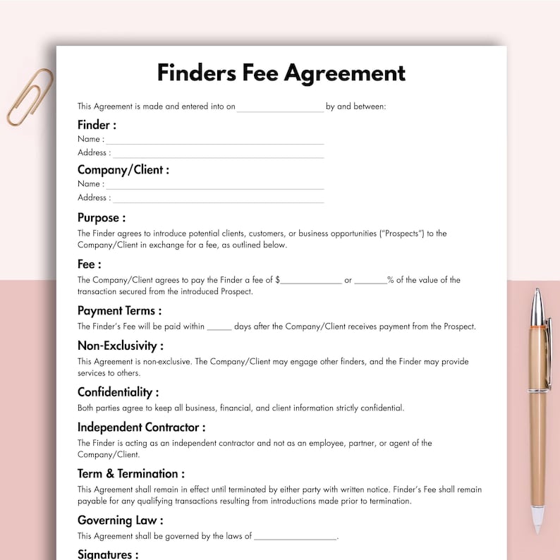 Finders Fee Agreement, Printable Business Introduction Contract Form ...
