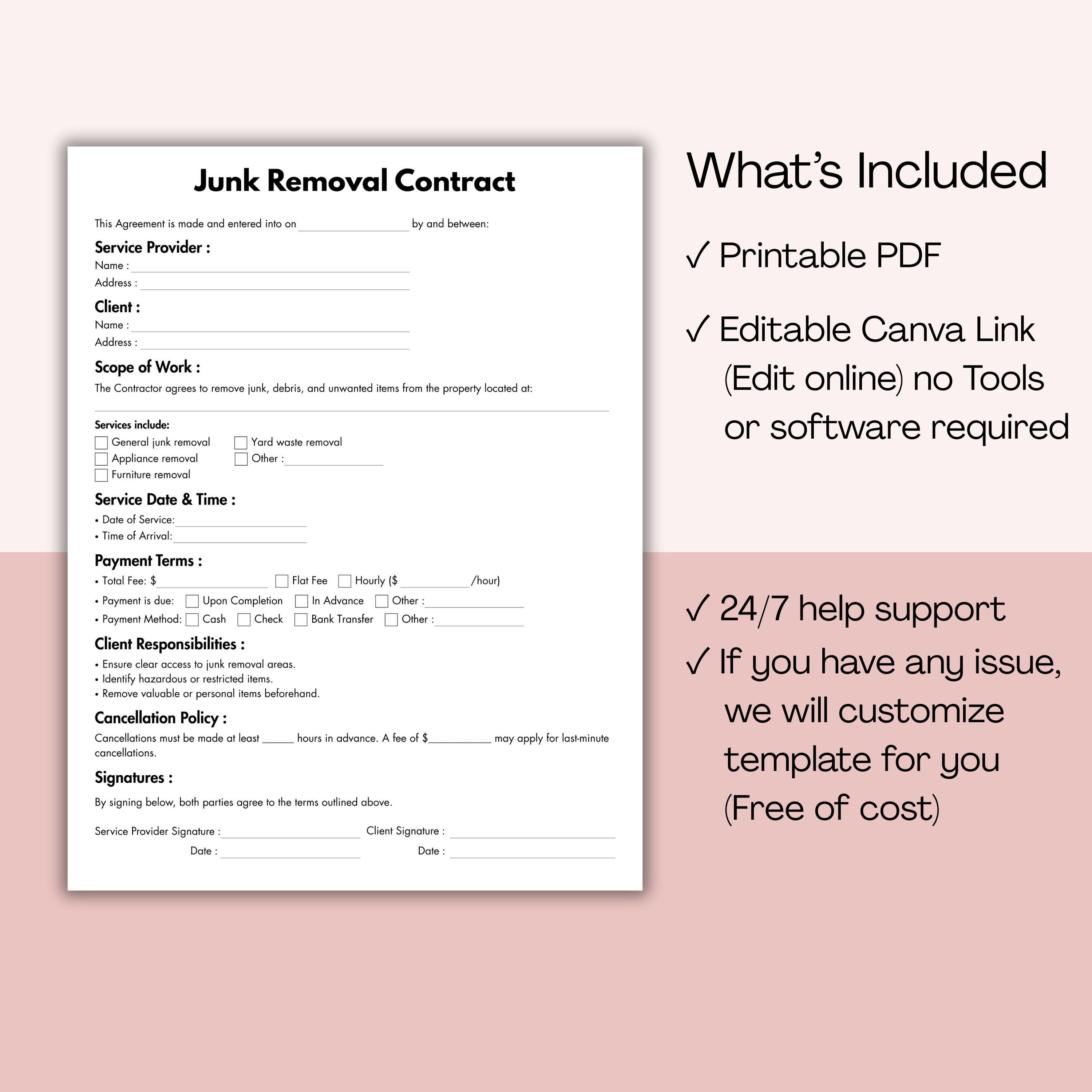 Junk Removal Contract, Printable Trash Removal Template, Editable ...
