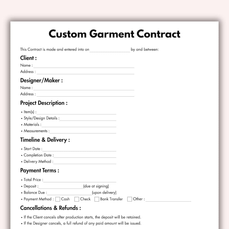 Custom Garment Contract, Printable Tailor Clothing Agreement Template ...