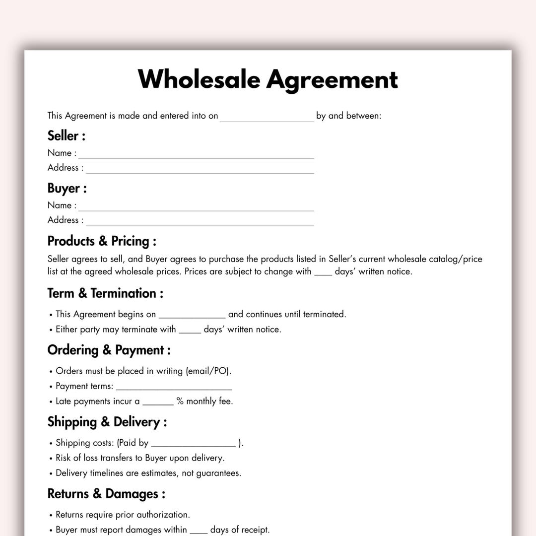 Wholesale Agreement, Printable Business Contract Form Template ...