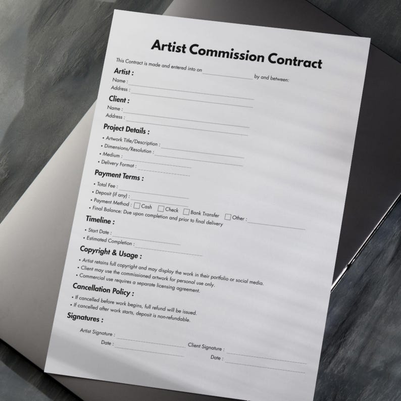 Artist Commission Contract, Printable Artwork Contract Template ...