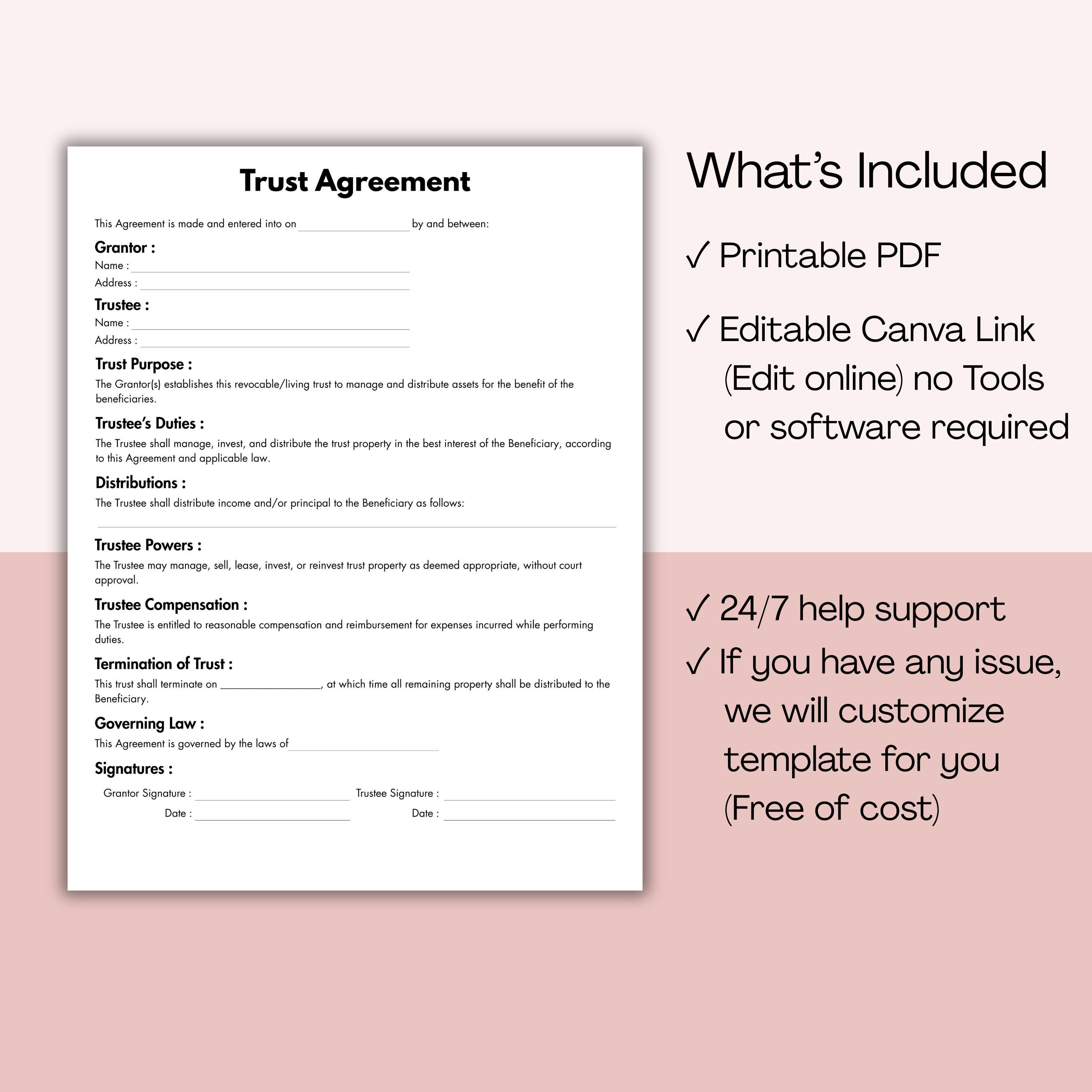 Trust Agreement, Printable Trust Contract Form Template, Editable Trust ...
