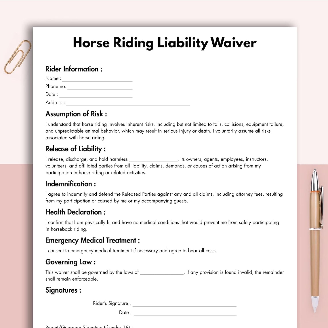 Horse Riding Liability Waiver, Printable Equine Waiver Form Template ...