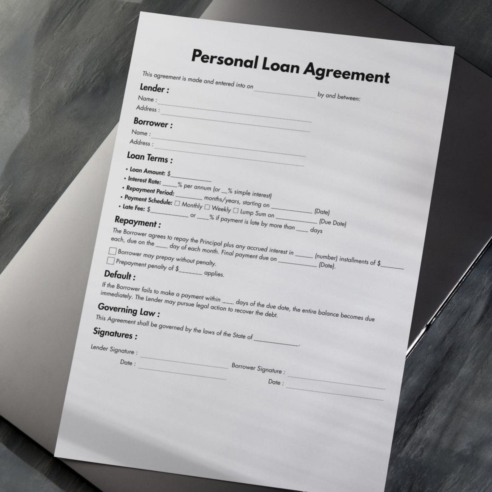 Personal Loan Agreement, Printable Promissory Note Template, Editable ...