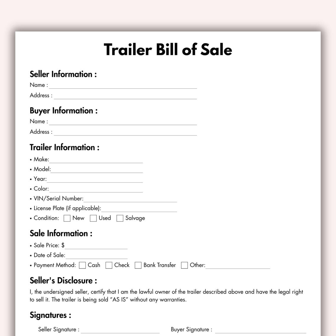 Trailer Bill of Sale, Printable Trailer Contract Form Template ...