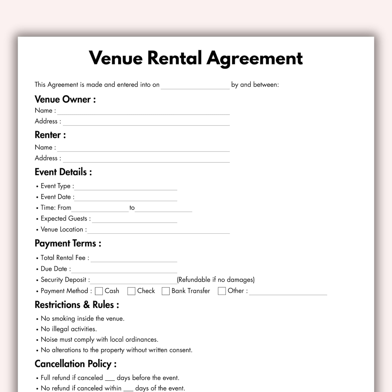 Venue Rental Agreement, Printable Wedding Venue Rental Agreement ...