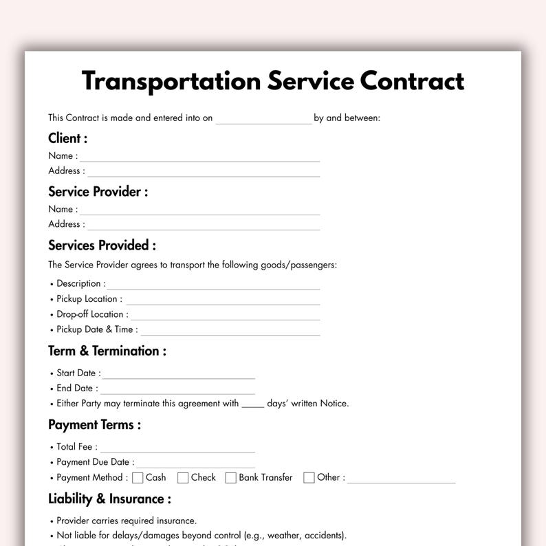 Transportation Service Contract, Printable Transporter Contract Form ...