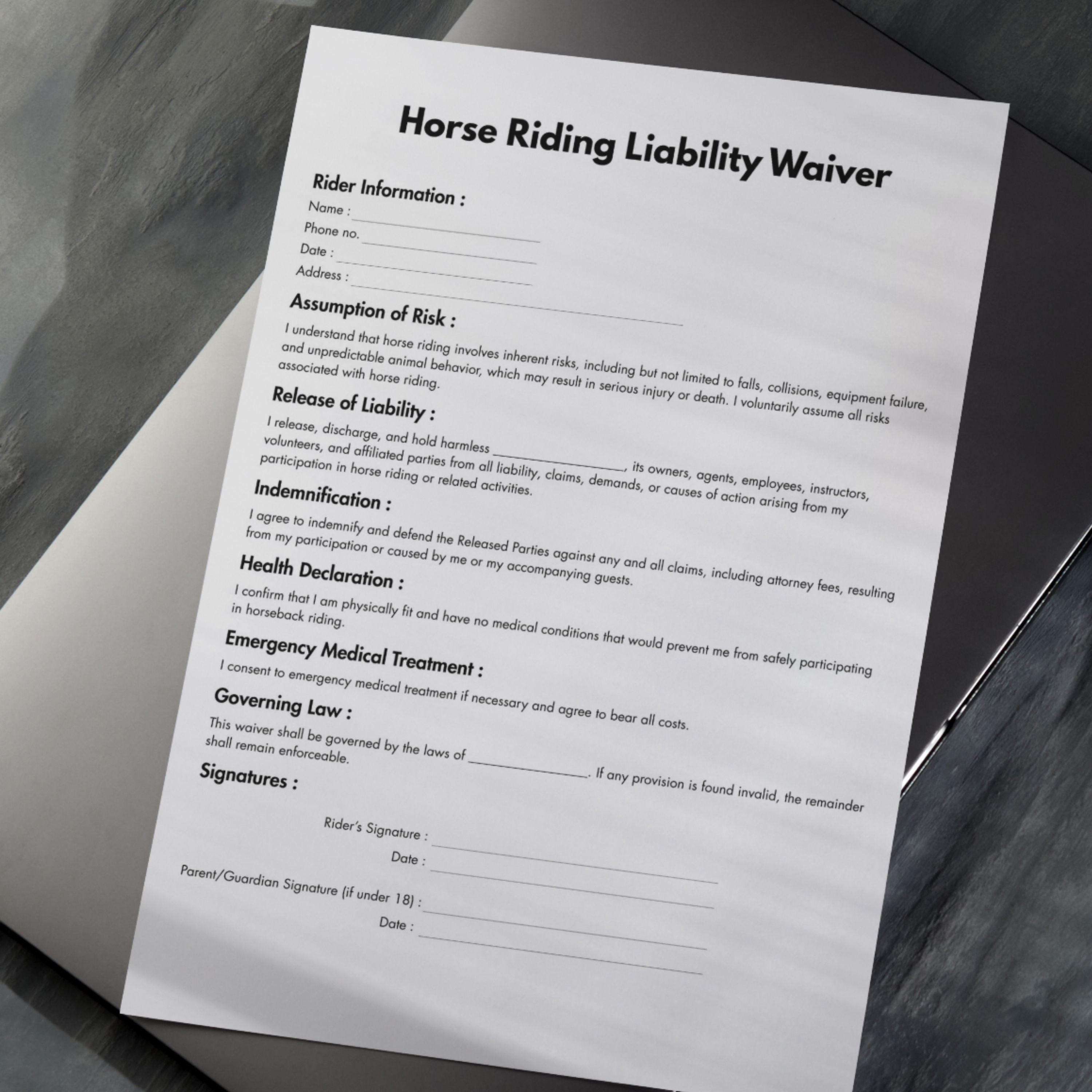Horse Riding Liability Waiver, Printable Equine Waiver Form Template ...