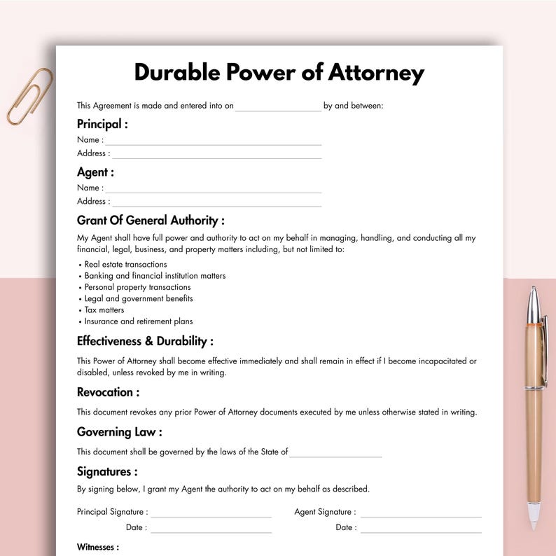 Durable Power of Attorney, Printable Durable Financial POA Form ...