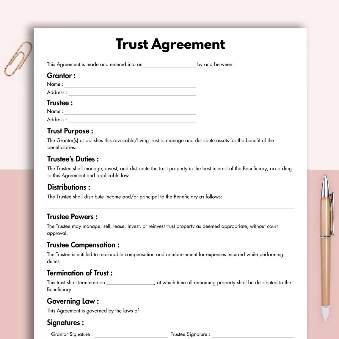 Trust Agreement, Printable Trust Contract Form Template, Editable Trust ...