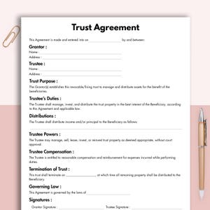 Trust Agreement, Printable Trust Contract Form Template, Editable Trust ...