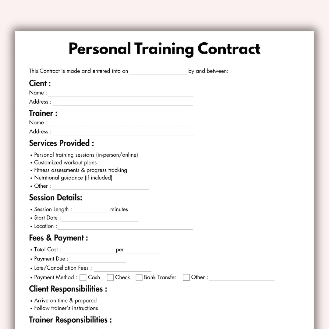 Personal Training Contract, Printable Fitness Services Agreement Form ...