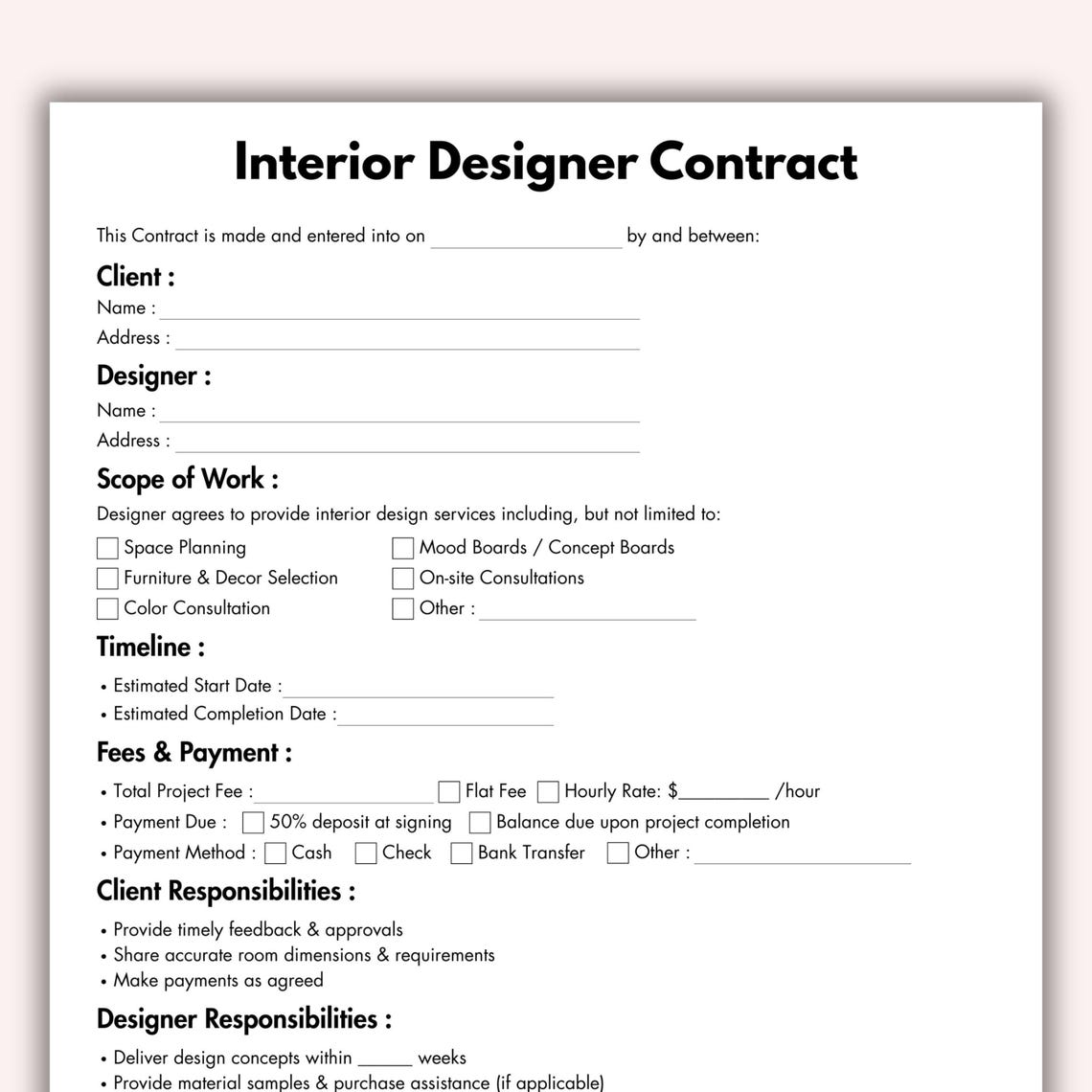 Interior Designer Contract, Printable Interior Decorating Form Template ...