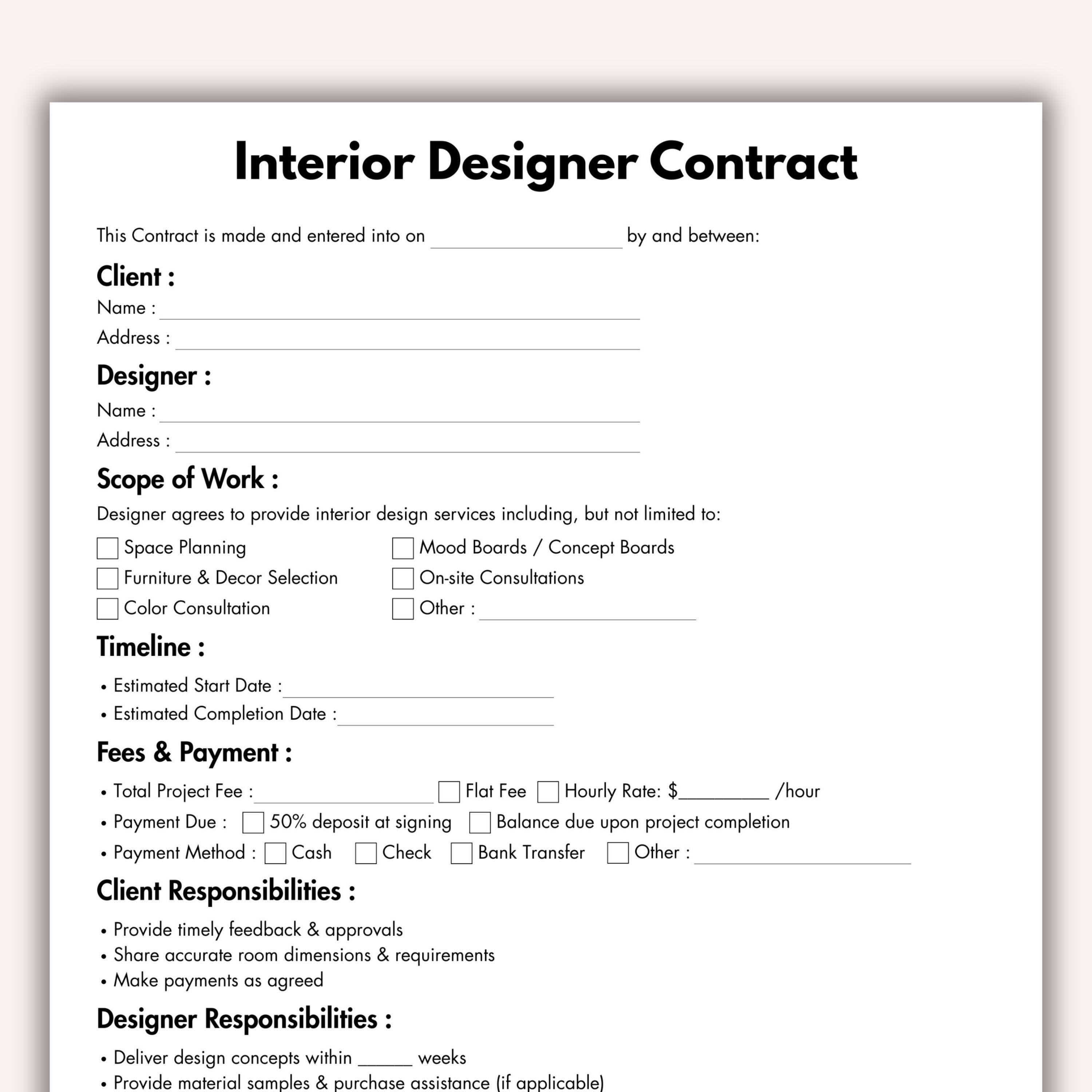 Interior Designer Contract, Printable Interior Decorating Form Template ...