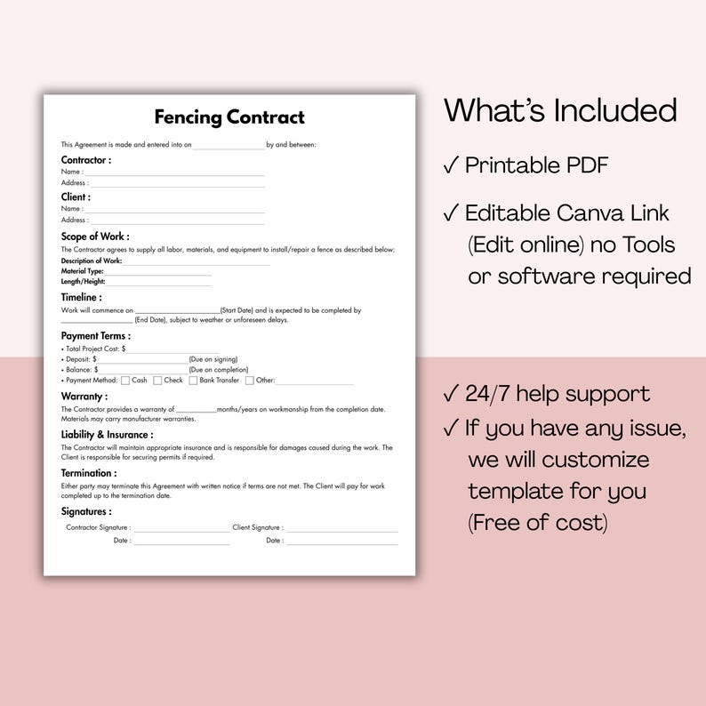 Fencing Contract, Printable Fence Contract Form Template, Editable ...