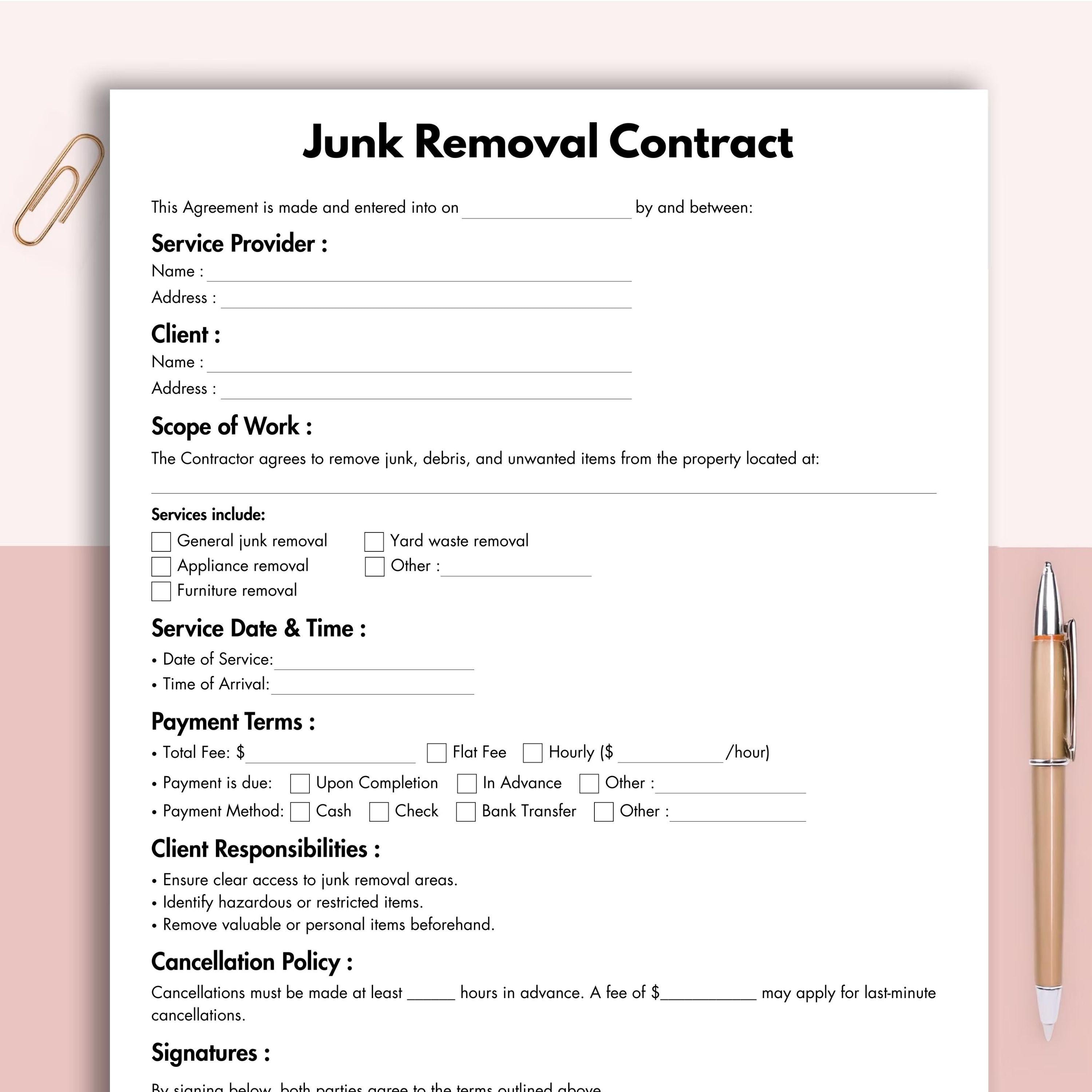 Junk Removal Contract, Printable Trash Removal Template, Editable ...