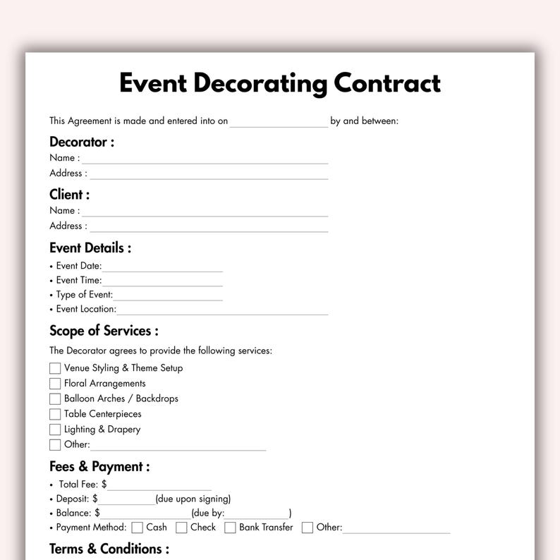Event Decorating Contract, Printable Event Planning Service Form ...