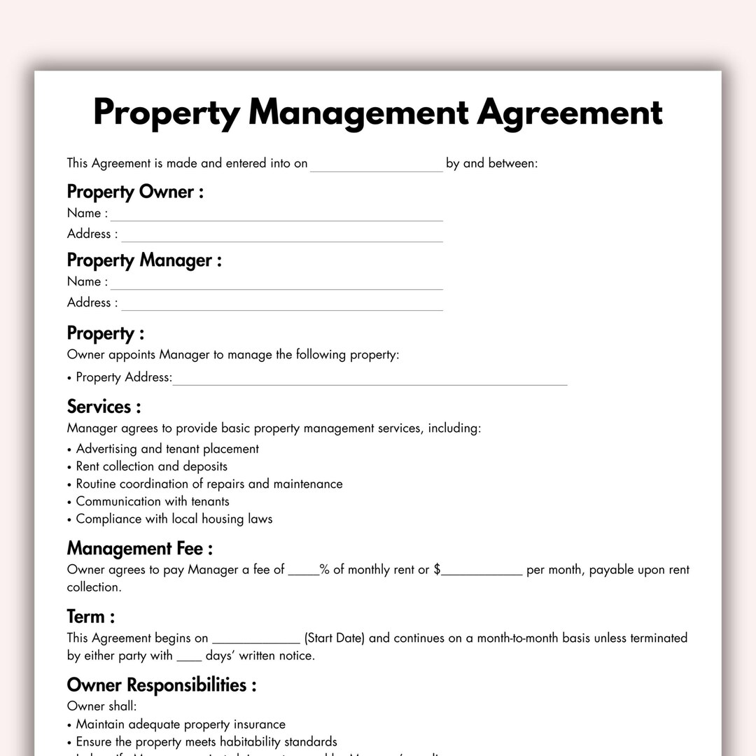 Property Management Agreement, Printable Real Estate Contract, Property ...