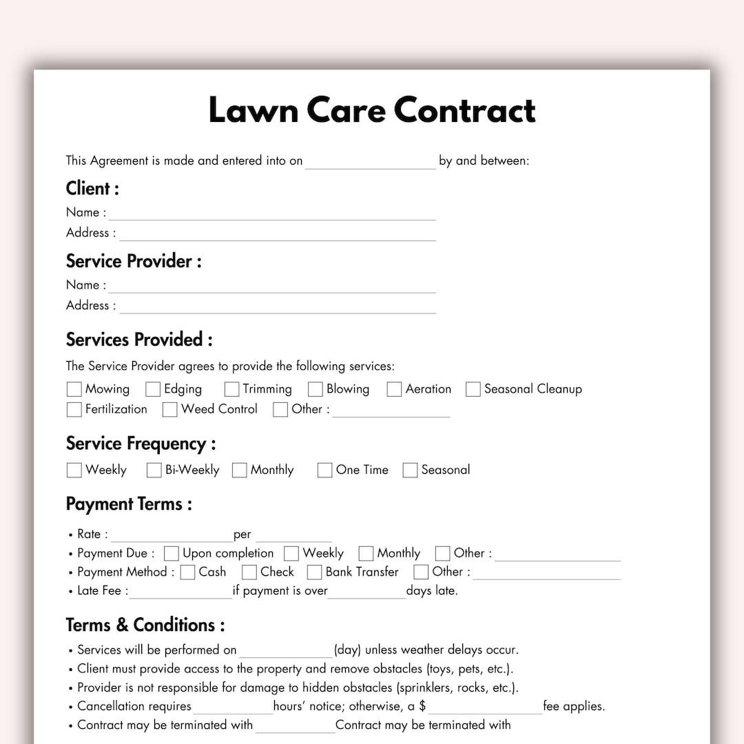 Lawn Care Contract, Printable Landscaping Contract Form Template ...