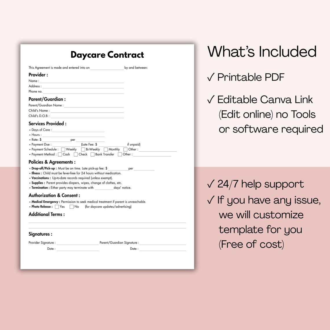 Daycare Contract, Printable Daycare Form Template, Editable Daycare ...