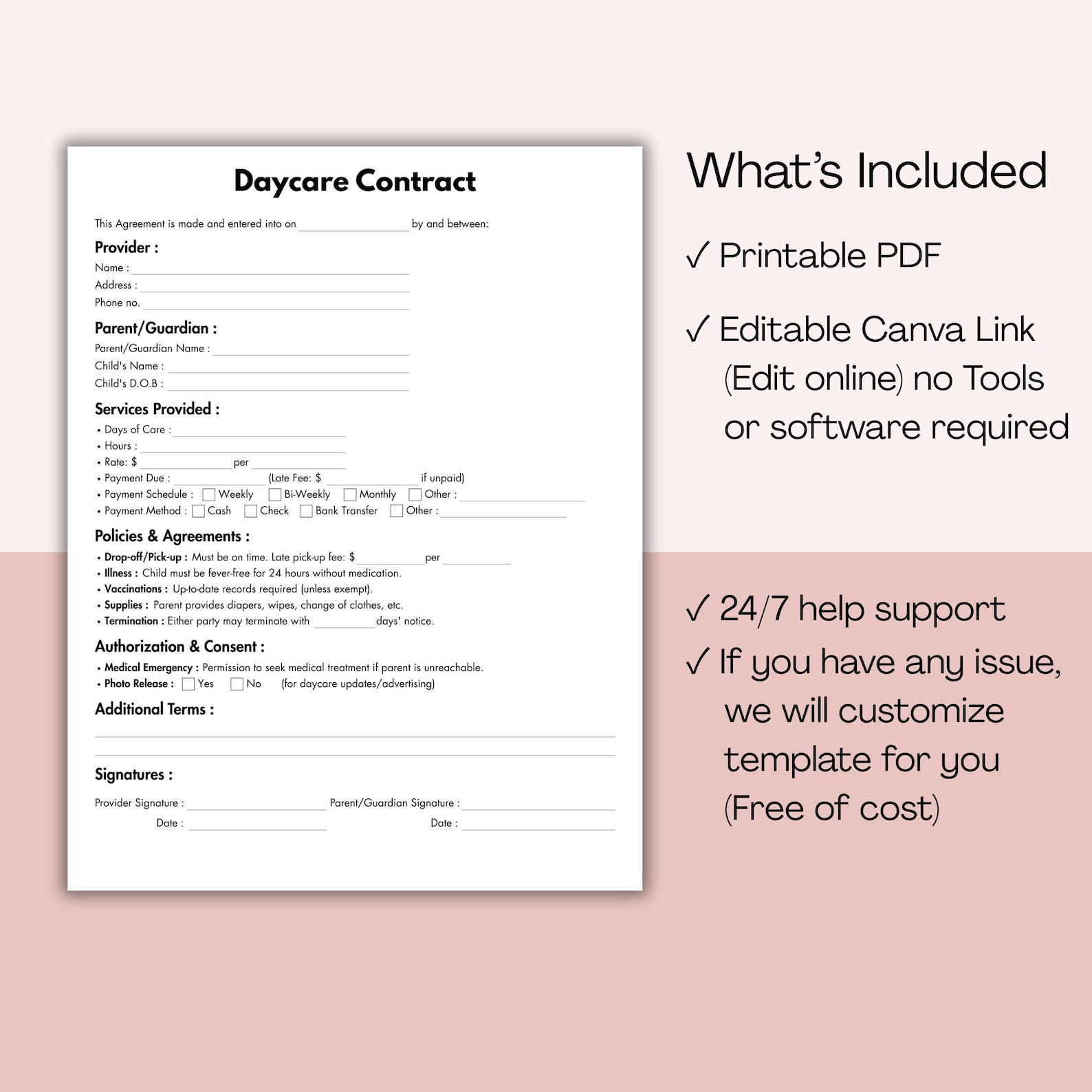 Daycare Contract, Printable Daycare Form Template, Editable Daycare ...