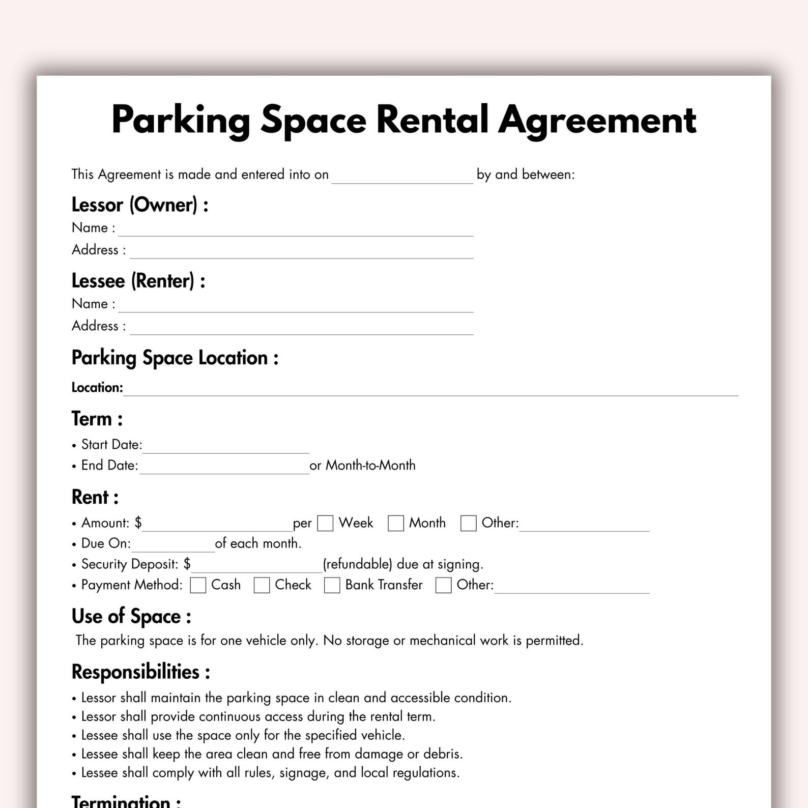 Parking Space Rental Agreement, Printable Parking Permit Form Template ...