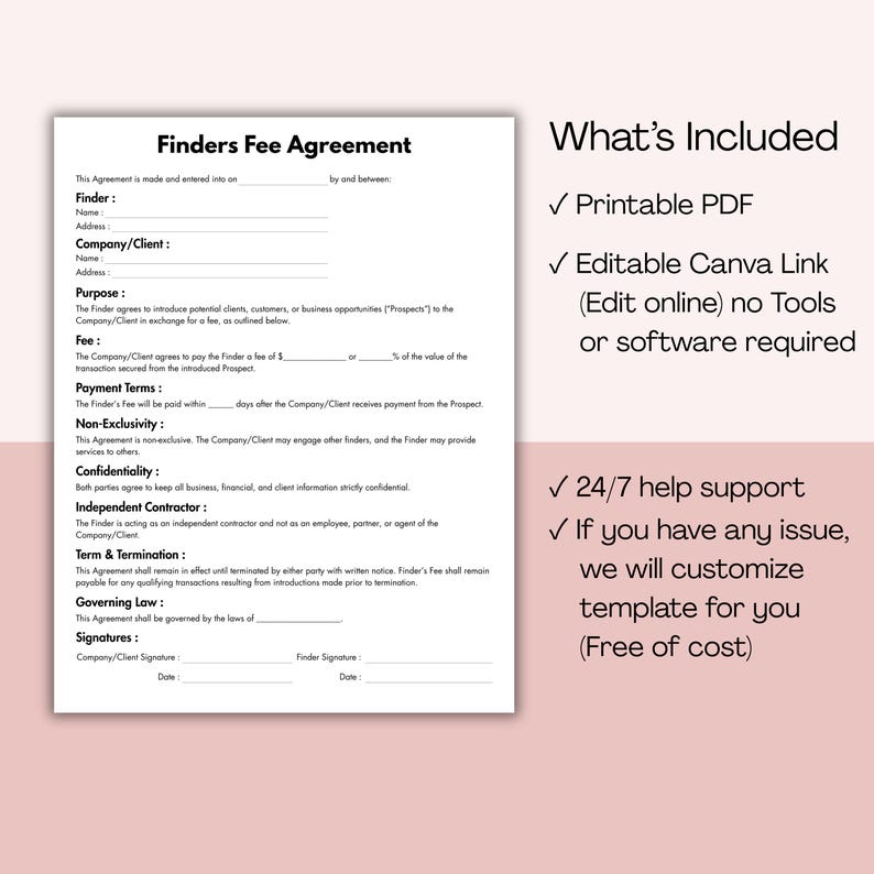 Finders Fee Agreement, Printable Business Introduction Contract Form ...
