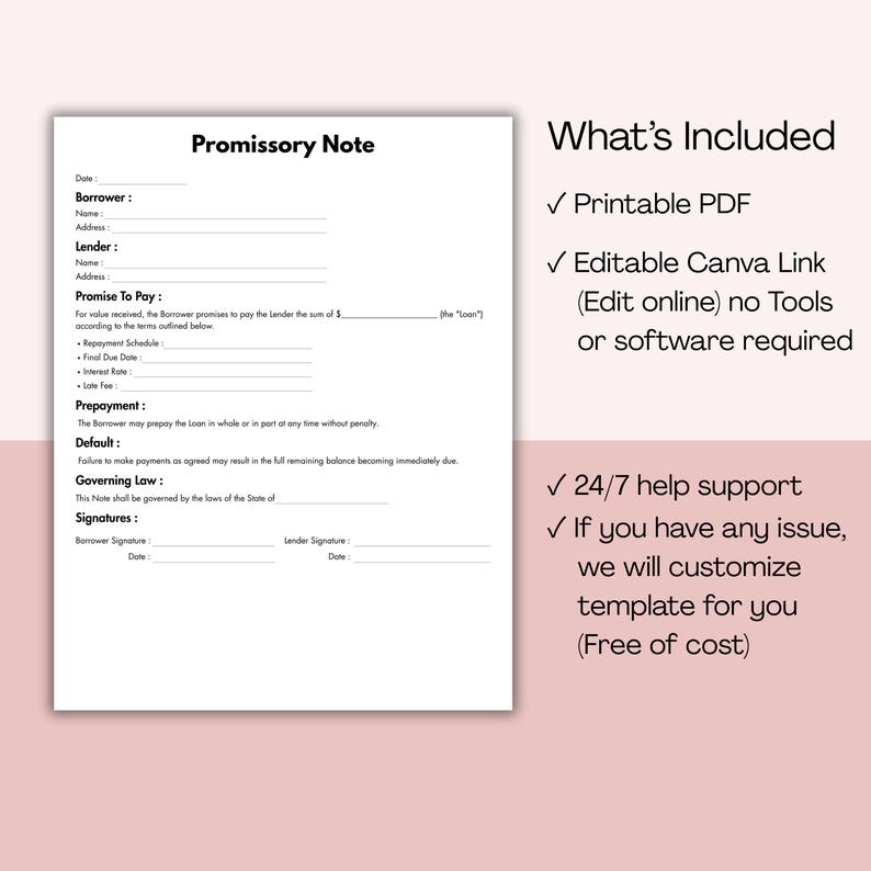 Promissory Note, Printable Personal Loan Agreement Template, Editable ...