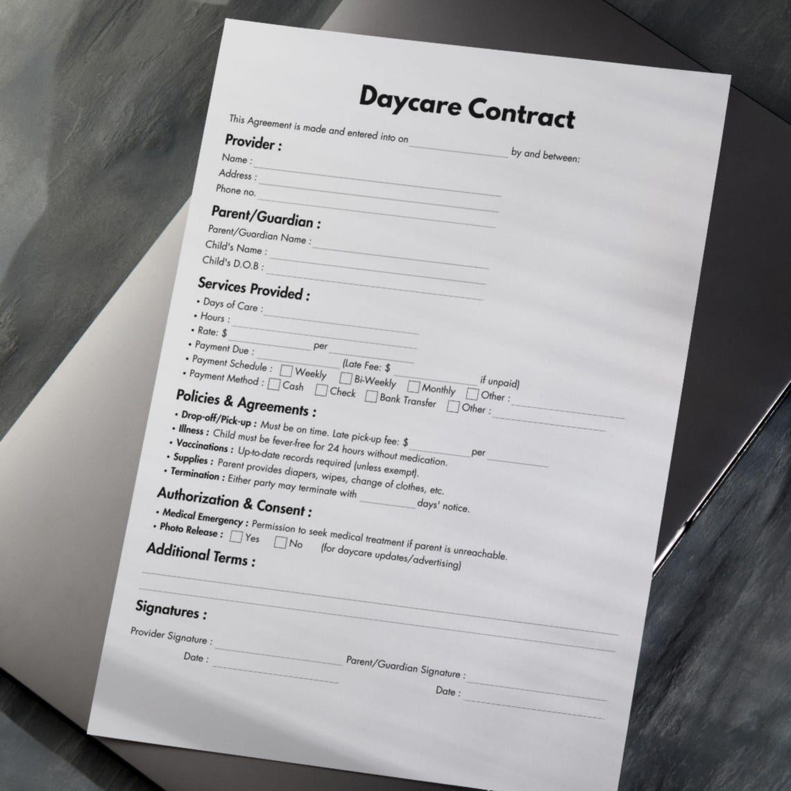 Daycare Contract, Printable Daycare Form Template, Editable Daycare ...