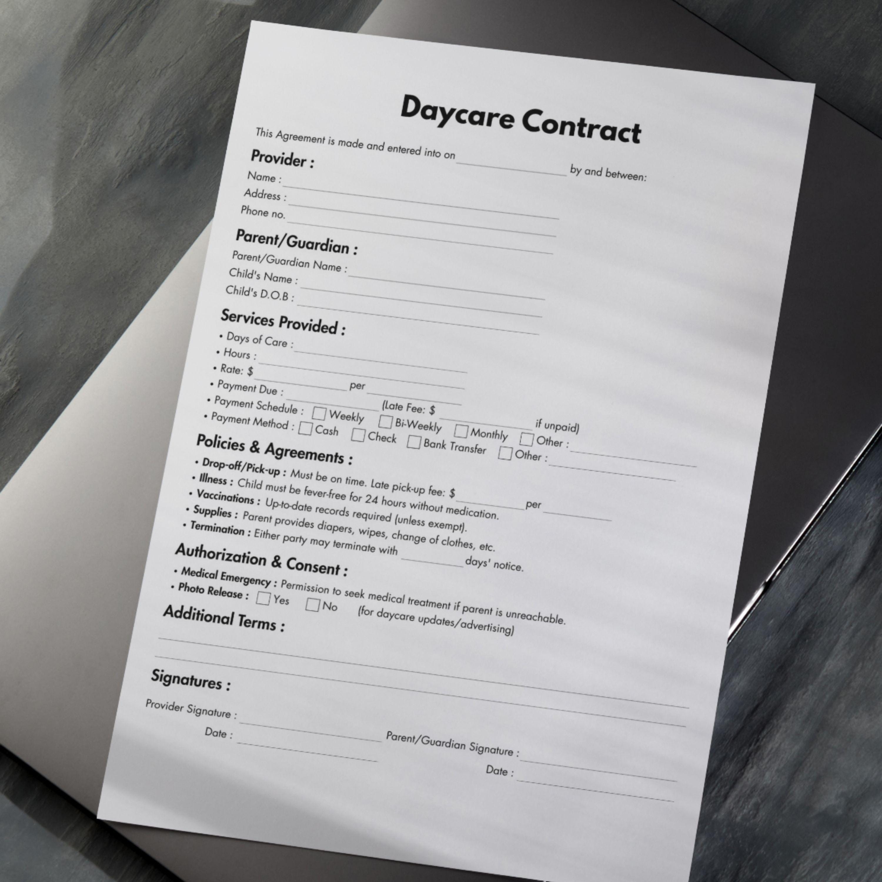 Daycare Contract, Printable Daycare Form Template, Editable Daycare ...