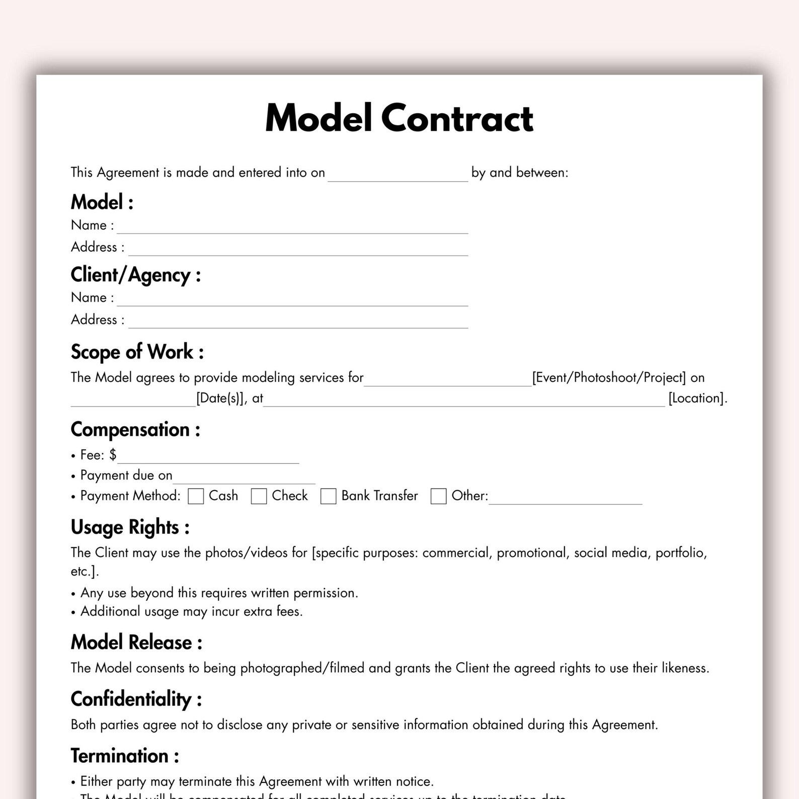 Model Contract, Printable Modeling Services Form Template, Editable ...